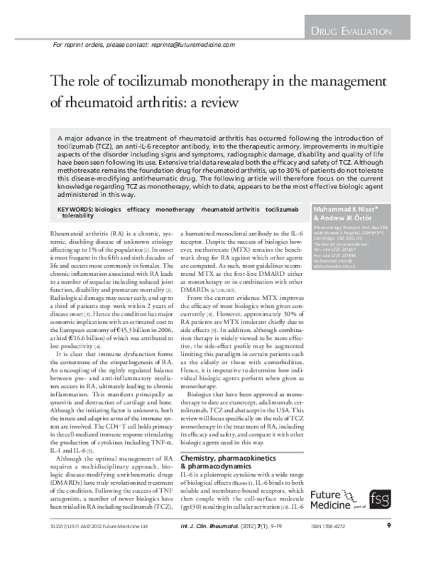 (PDF) The role of tocilizumab monotherapy in the management of rheumatoid arthritis: a review