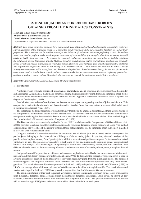 Pdf Extended Jacobian For Redundant Robots Obtained From The Kinematics Constraints