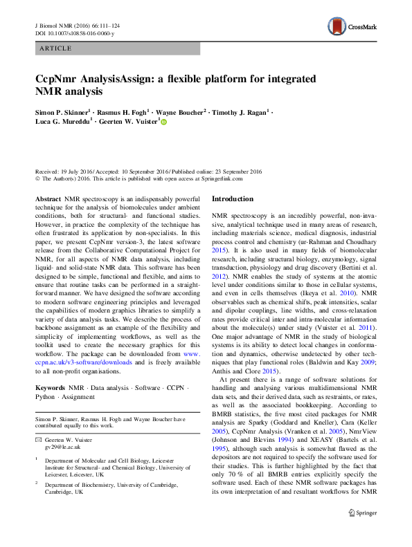 (PDF) CcpNmr AnalysisAssign: a flexible platform for integrated NMR ...