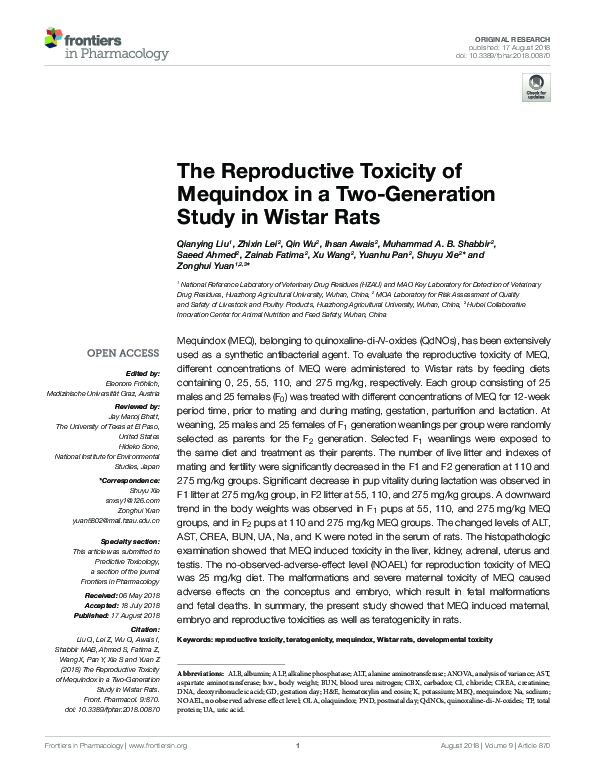 (PDF) Reproductive Toxicity of Mequindox in Wistar Rats