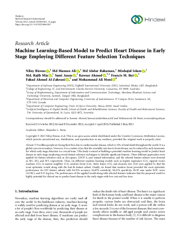 (PDF) Machine Learning-Based Model to Predict Heart Disease in Early Stage Employing Different ...