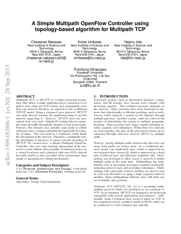 (PDF) A simple multipath OpenFlow controller using topology-based algorithm for multipath TCP