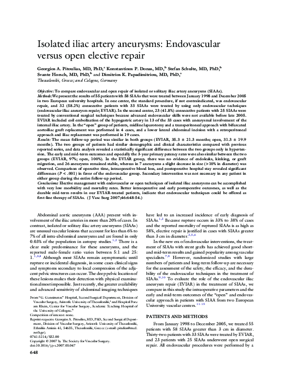 (PDF) Isolated iliac artery aneurysms: Endovascular versus open ...