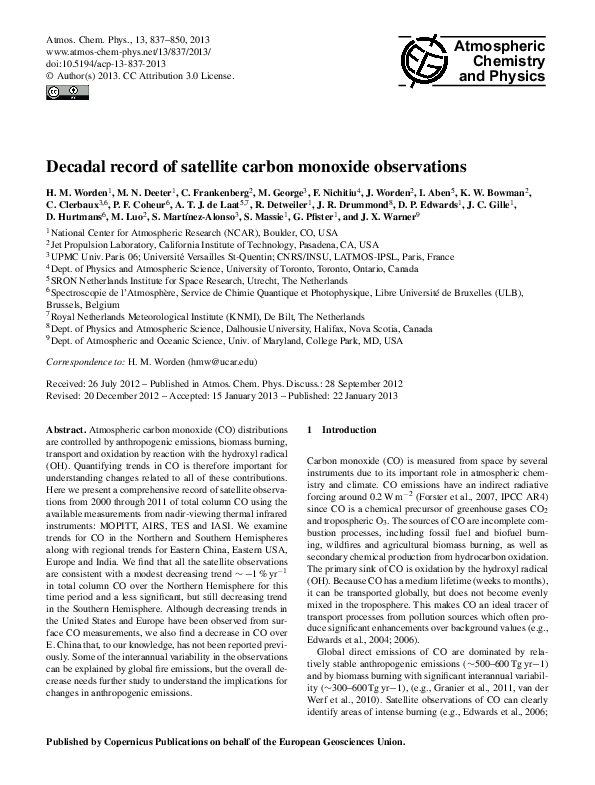 (PDF) Decadal record of satellite carbon monoxide observations | John ...