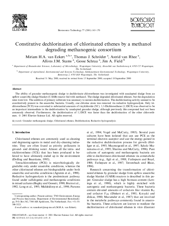 (PDF) Constitutive dechlorination of chlorinated ethenes by a methanol ...