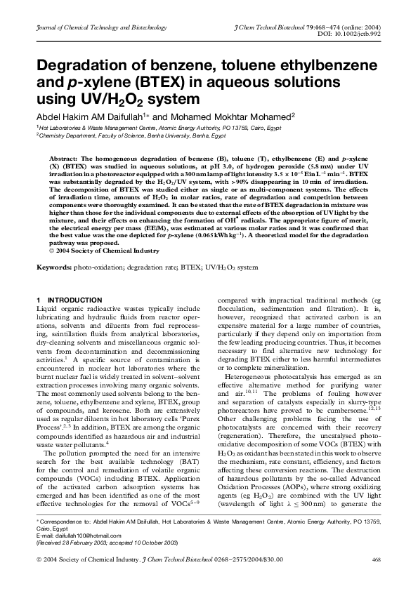 (PDF) Degradation of benzene, toluene ethylbenzene andp-xylene(BTEX) in aqueous solutions using ...