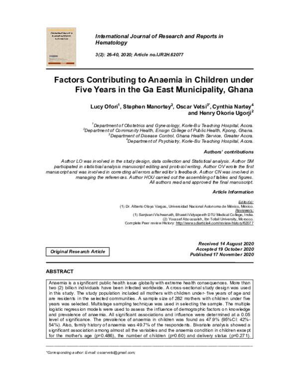 (PDF) Factors Contributing to Anaemia in Children under Five Years in ...