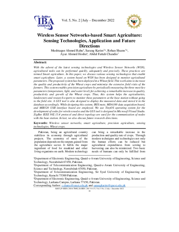 (PDF) Wireless Sensor Networks-based Smart Agriculture: Sensing Technologies, Application and ...