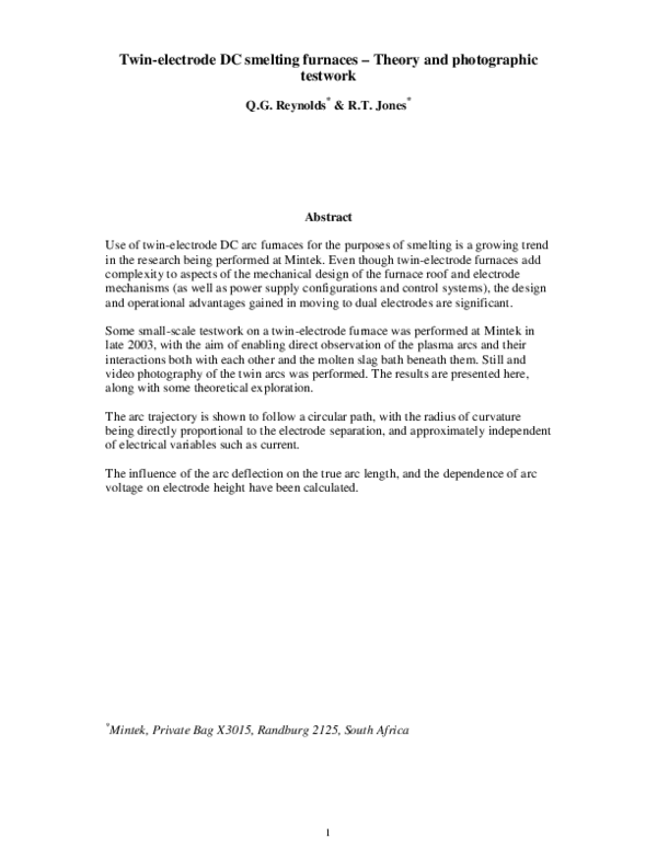 (PDF) Twin-electrode DC smelting furnaces—Theory and photographic testwork