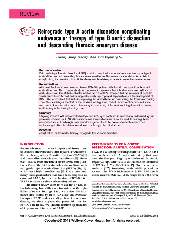(PDF) Retrograde type A aortic dissection complicating endovascular ...