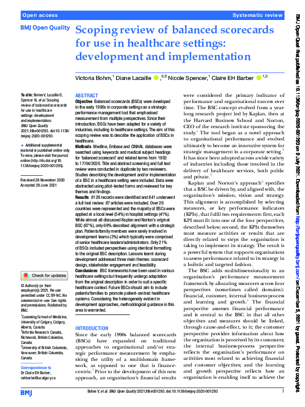 (PDF) Scoping review of balanced scorecards for use in healthcare settings: development and ...