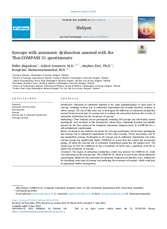 (PDF) Syncope with autonomic dysfunction assessed with the Thai-COMPASS ...