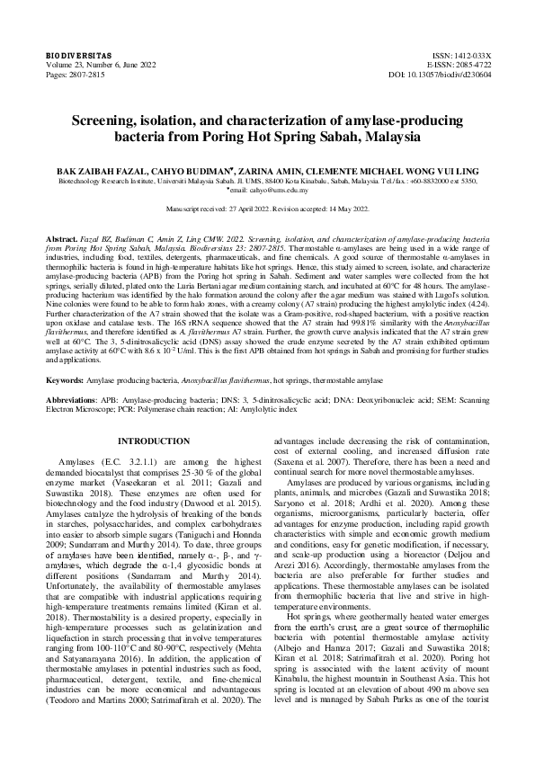 (PDF) Screening, isolation, and characterization of amylase-producing bacteria from Poring Hot ...