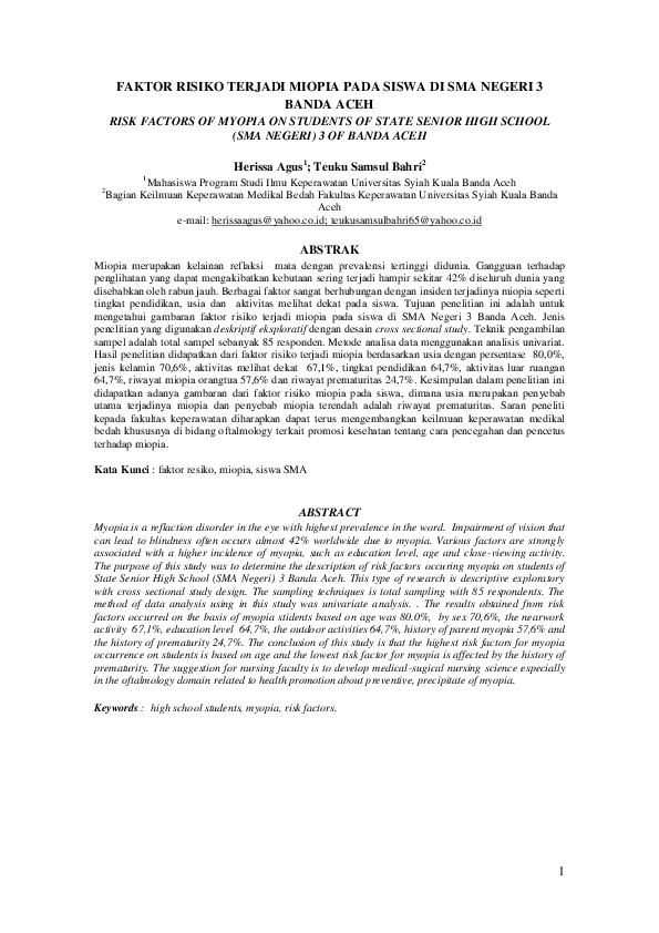 (PDF) Faktor Risiko Terjadi Miopia Pada Siswa DI Sma Negeri 3 Banda Aceh