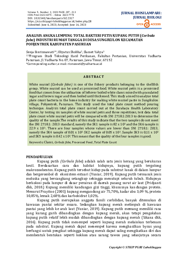(PDF) ANALISIS ANGKA LEMPENG TOTAL BAKTERI PETIS KUPANG PUTIH (Corbula ...
