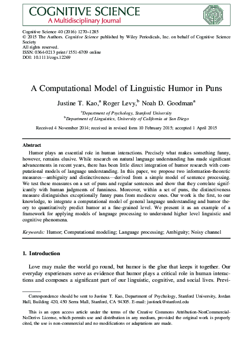 (PDF) A Computational Model of Linguistic Humor in Puns