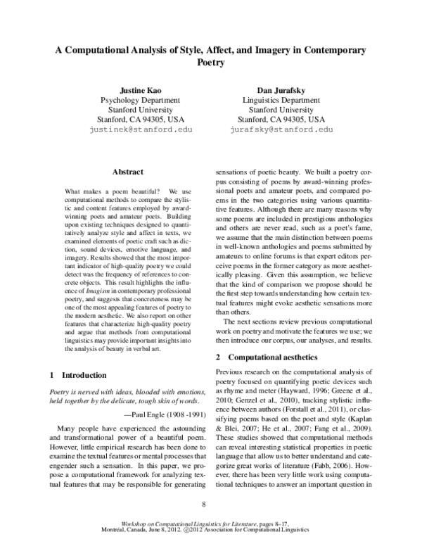 (PDF) A Computational Analysis of Style, Affect, and Imagery in ...