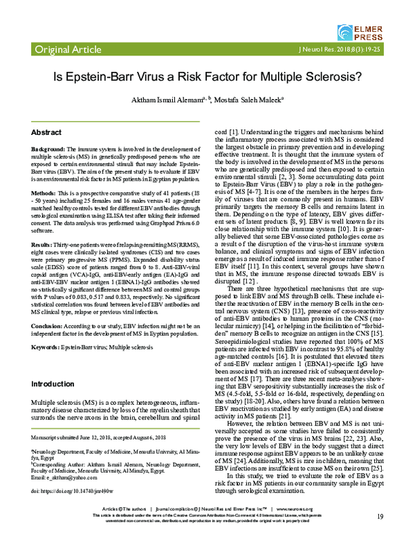 (PDF) Is Epstein-Barr Virus a Risk Factor for Multiple Sclerosis?