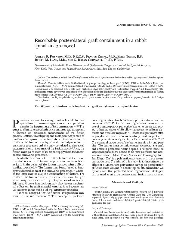 (PDF) Resorbable posterolateral graft containment in a rabbit spinal ...