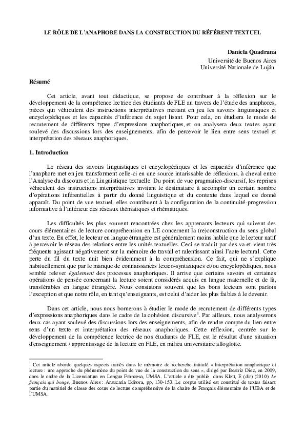 (PDF) LE RÔLE DE L'ANAPHORE DANS LA CONSTRUCTION DU RÉFÉRENT TEXTUEL