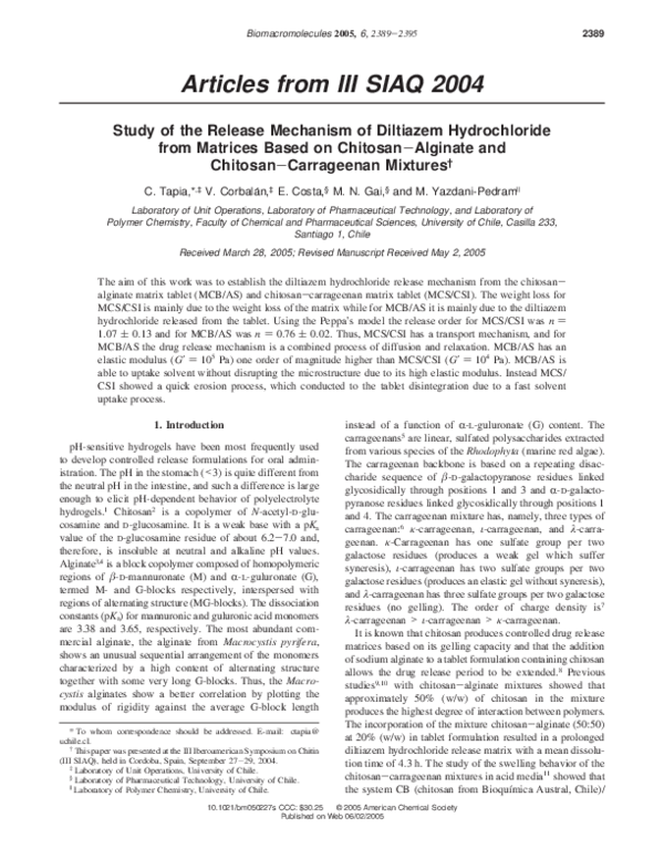 (PDF) Study of the Release Mechanism of Diltiazem Hydrochloride from Matrices Based on Chitosan− ...