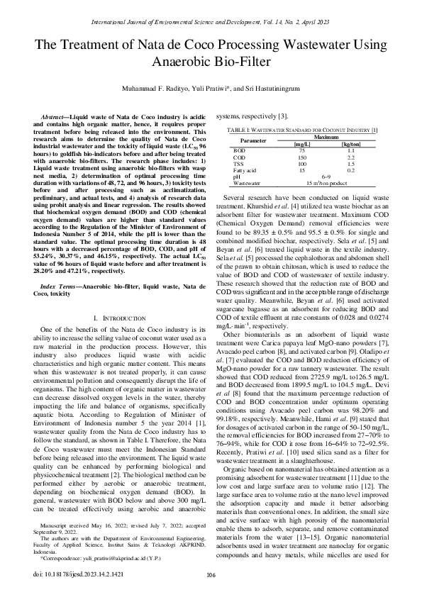 (PDF) The Treatment of Nata de Coco Processing Wastewater Using ...