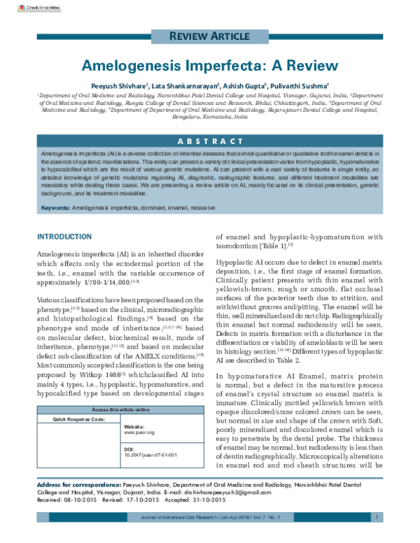 (PDF) Amelogenesis Imperfecta: A Review