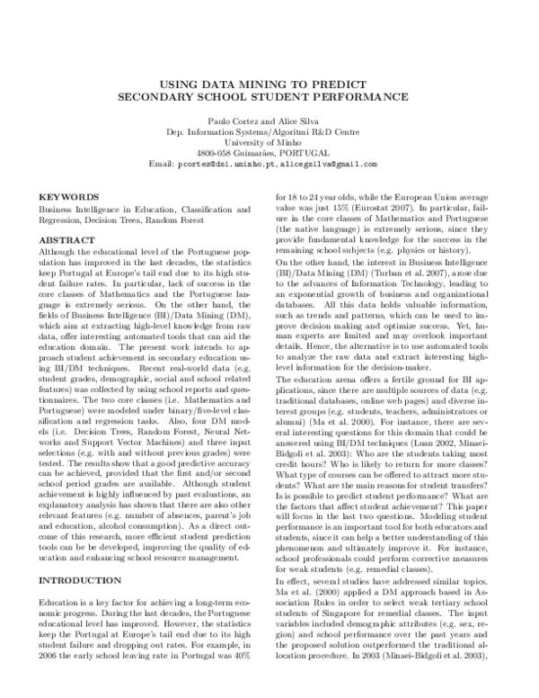 (PDF) Using data mining to predict secondary school student performance (PDF) Using data mining to predict secondary school student performance