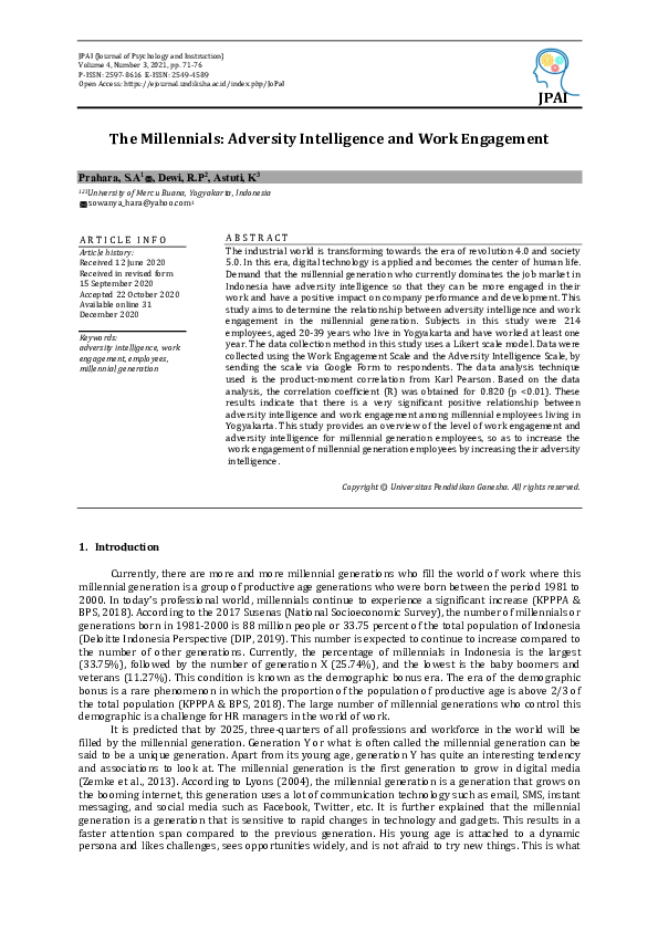 (PDF) The millennials: Adversity intelligence and work engagement