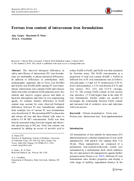 (PDF) Ferrous iron content of intravenous iron formulations