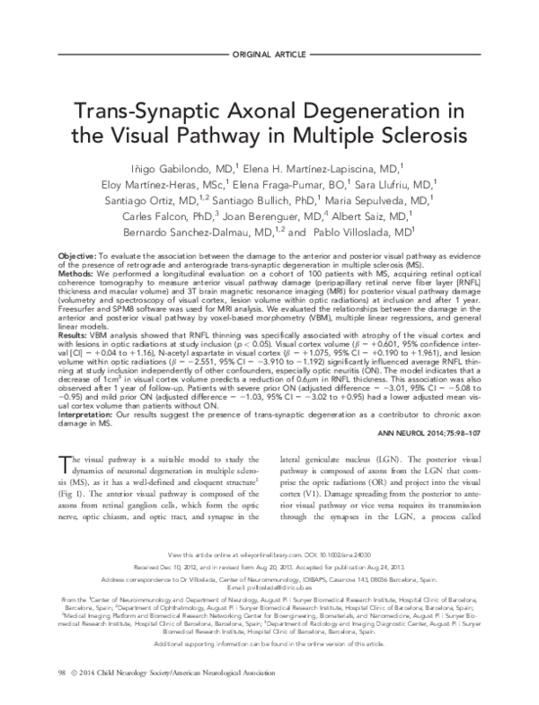 (PDF) Trans-synaptic axonal degeneration in the visual pathway in ...