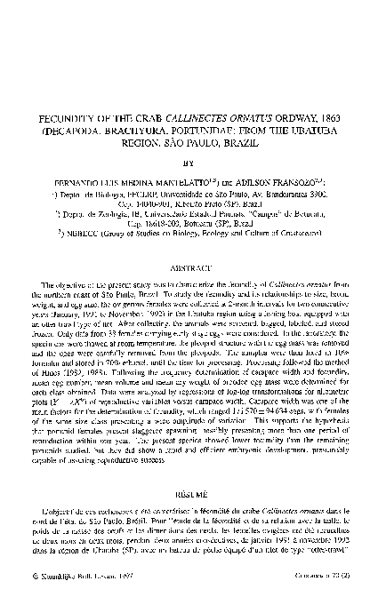 (PDF) Fecundity of the Crab Callinectes Ornatus Ordway, 1863 (Decapoda ...