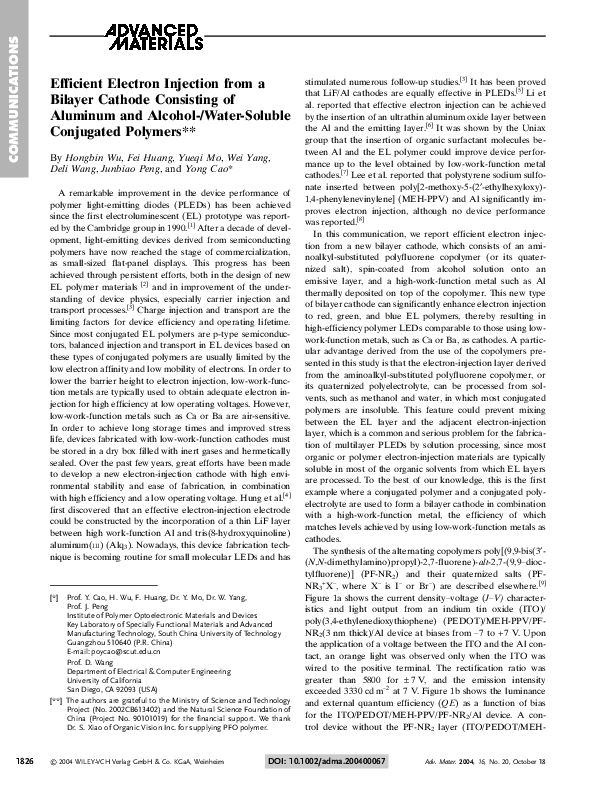 (PDF) Efficient Electron Injection from a Bilayer Cathode Consisting of ...