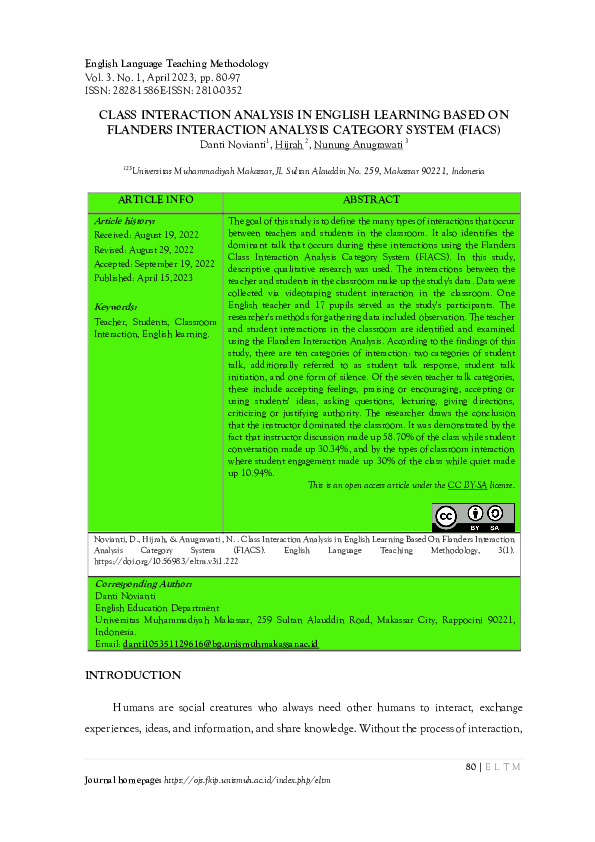 (PDF) Class Interaction Analysis in English Learning Based On Flanders Interaction Analysis ...