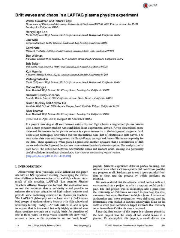 (PDF) Drift waves and chaos in a LAPTAG plasma physics experiment