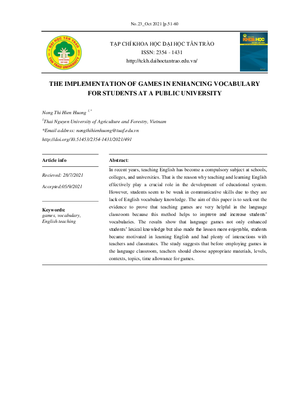 (PDF) THE IMPLEMENTATION OF GAMES IN ENHANCING VOCABULARY FOR STUDENTS ...