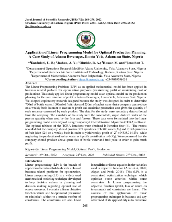 (PDF) Application of Linear Programming Model for Optimal Production Planning: A Case Study of ...