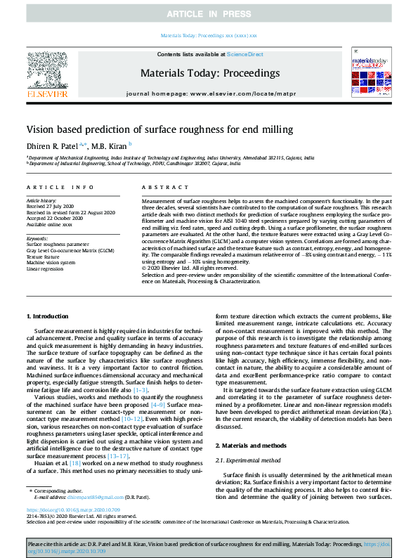 Pdf Vision Based Prediction Of Surface Roughness For End Milling