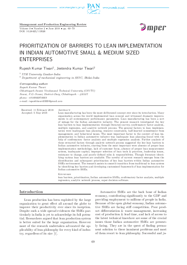 (PDF) Prioritization of barriers to lean implementation in Indian automotive small & medium ...