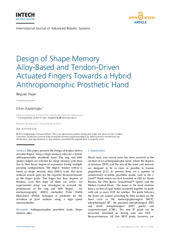 (PDF) Design of Shape Memory Alloy-Based and Tendon-Driven Actuated Fingers towards a Hybrid ...