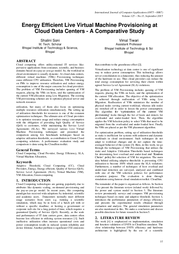 (PDF) Energy Efficient Live Virtual Machine Provisioning at Cloud Data Centers - A Comparative Study