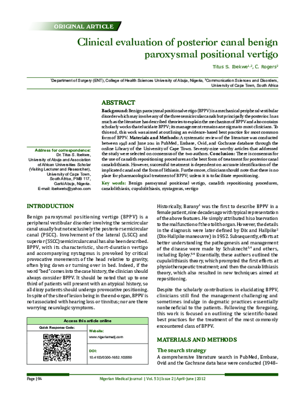 (PDF) Clinical evaluation of posterior canal benign paroxysmal ...