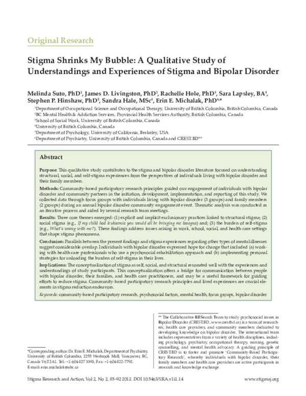 (PDF) Stigma Shrinks my Bubble: A Qualitative Study of Understandings and Experiences of Stigma ...