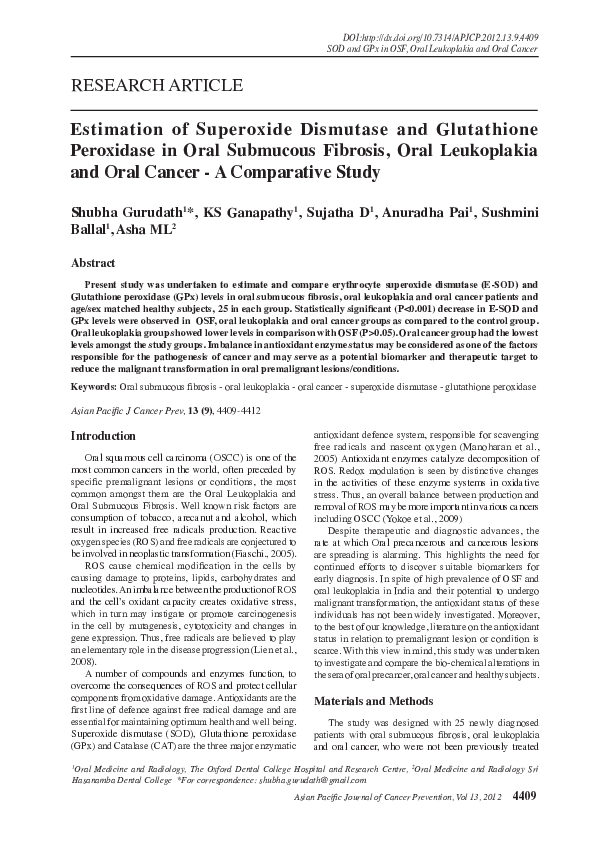 (PDF) Superoxide dismutase and glutathione peroxidase in oral submucous ...