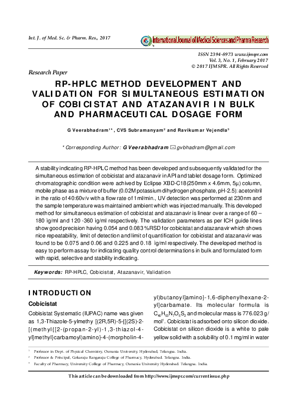 Pdf Rp Hplc Method Development And Validation For Simultaneous Estimation Of Cobicistat And