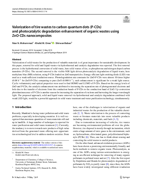 (PDF) Valorization of tire wastes to carbon quantum dots (P-CDs) and ...