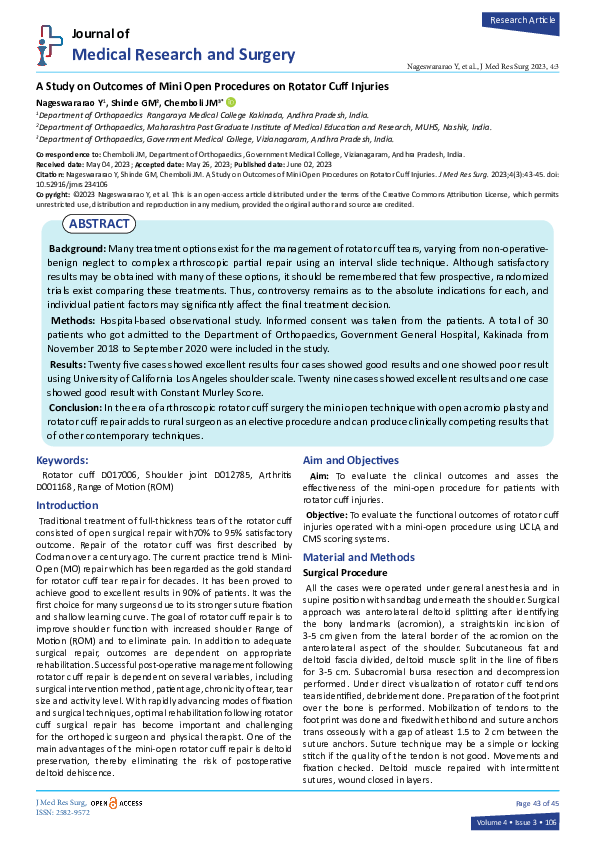 (PDF) A Study on Outcomes of Mini Open Procedures on Rotator Cuff Injuries