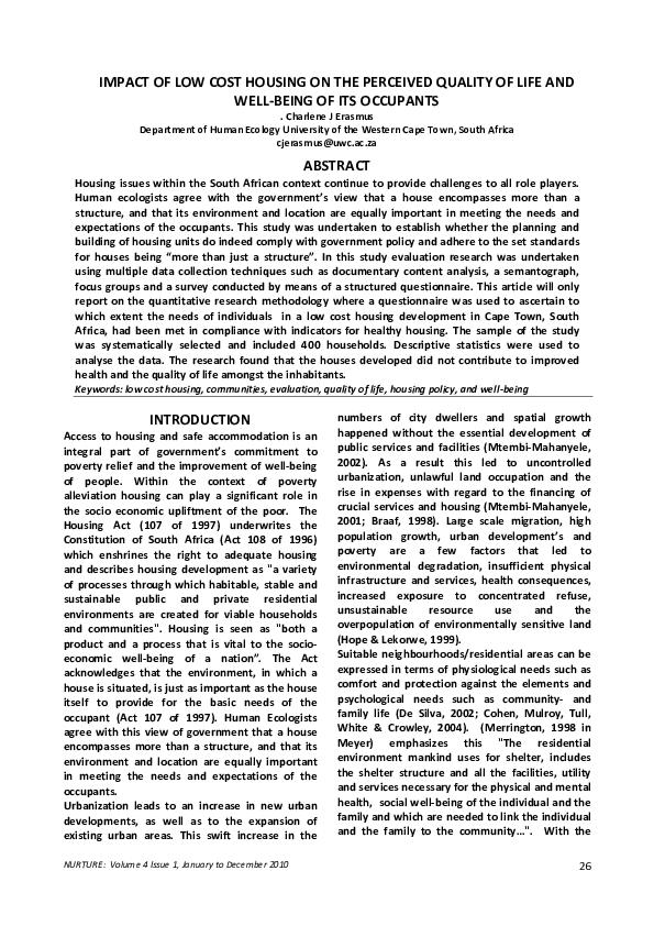(PDF) Impact of Low Cost Housing on the Perceived Quality of Life and ...