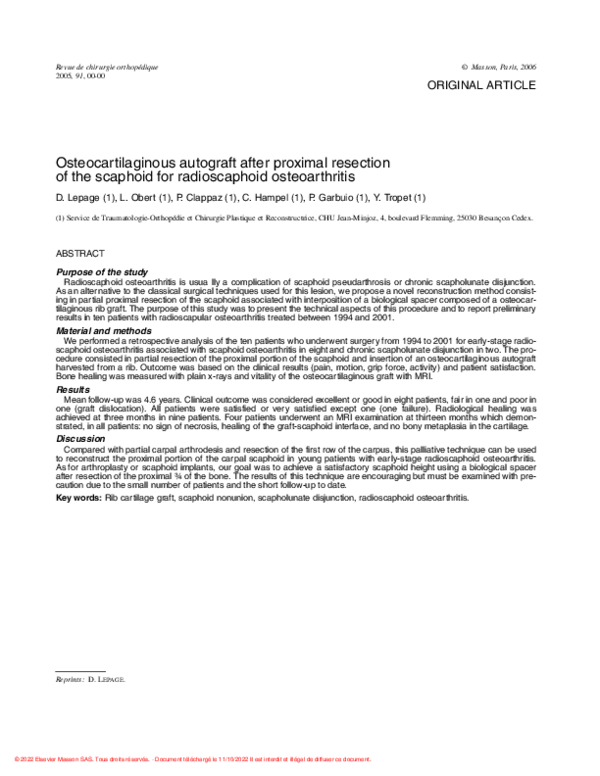 (PDF) Arthrose radioscaphoïdienne traitée par autogreffe ...