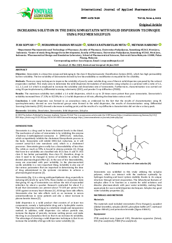 Pdf Increasing Solution In The Drug Simvastatin With Solid Dispersion Technique Using Polymer